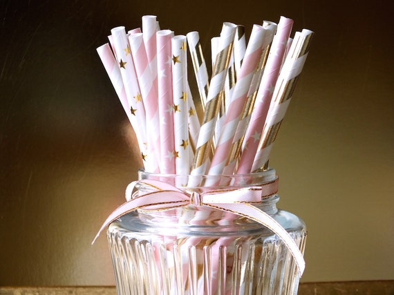 Twinkle Little Star Paper Straws Set of 25 Gold and Pink | Etsy UK