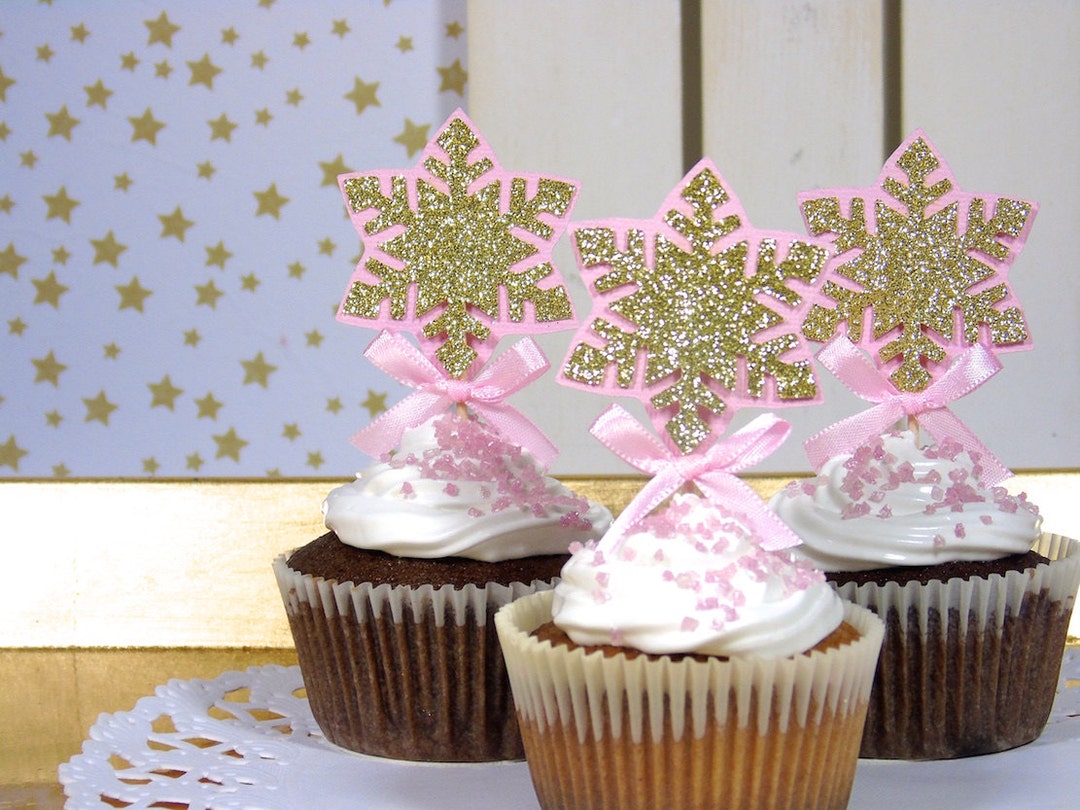 Cupcake Toppers, Winter Wonderland, Gold and Pink First Birthday ...