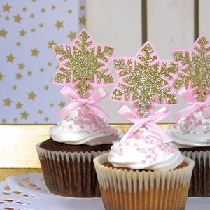 Cupcake Toppers, Winter Wonderland, Gold and Pink First Birthday ...