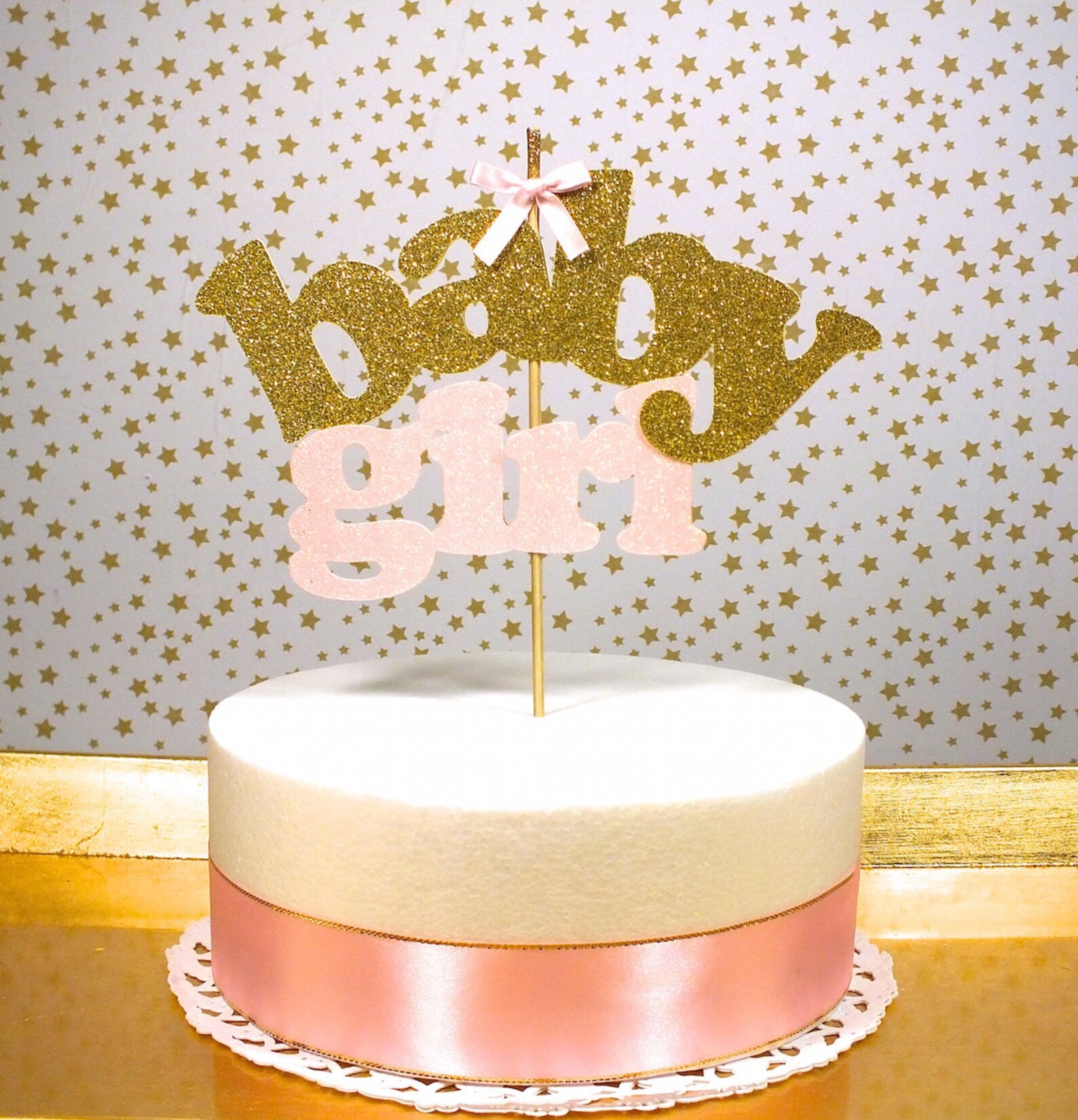 Gold Pink Bow Cake Topper, Baby Girl Cake Topper, Gold and Pink, Gold ...