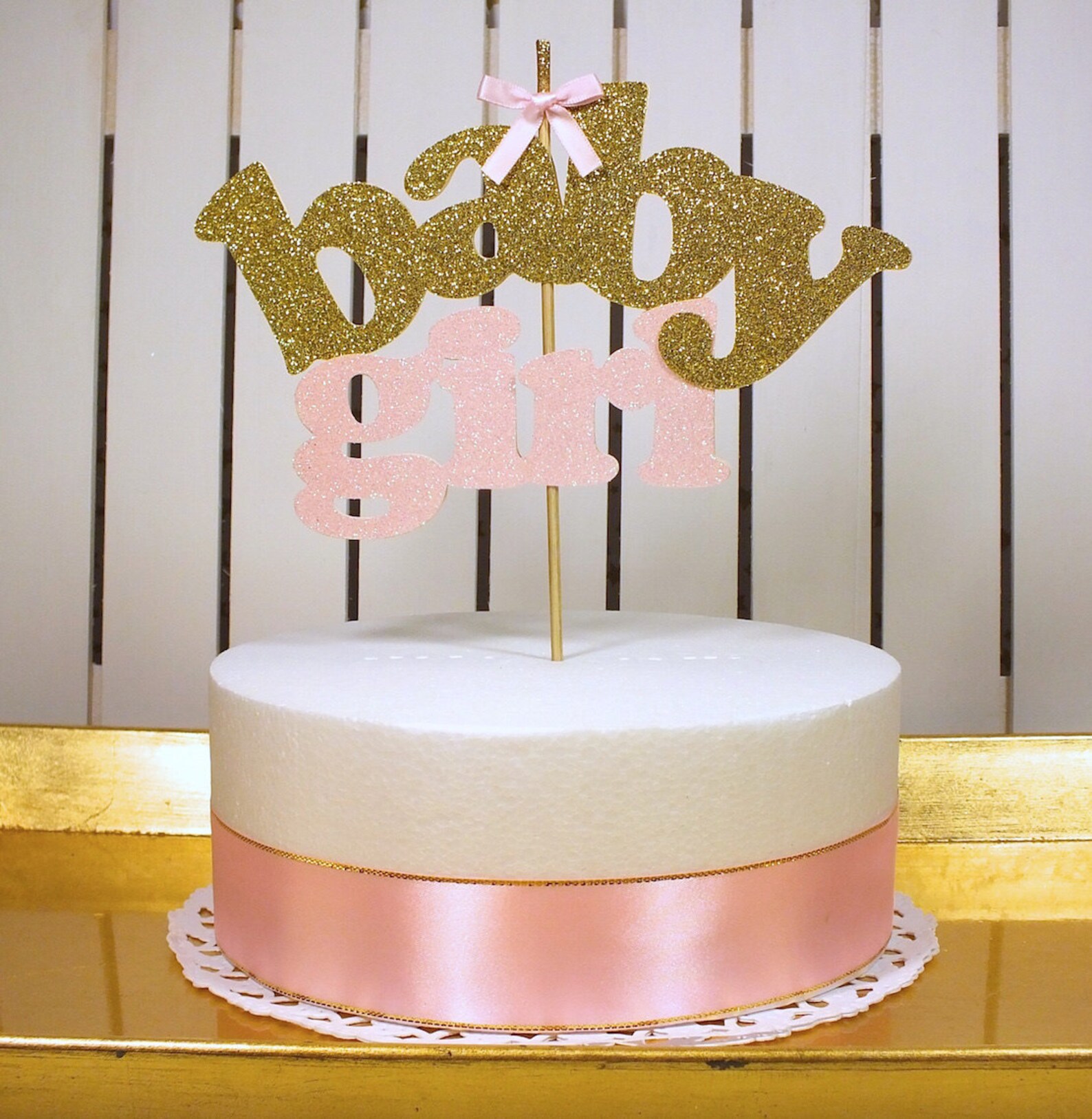 Gold Pink Bow Cake Topper, Baby Girl Cake Topper, Gold and Pink, Gold ...