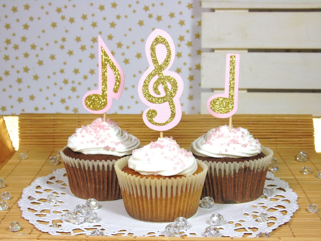 Music Party, Notes Cupcake Toppers, Gold and Pink First Birthday, Pink ...