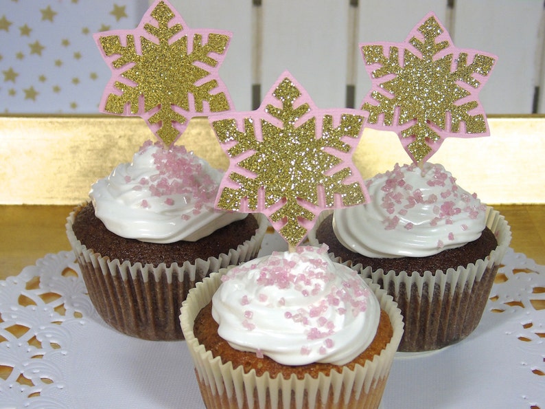 Cupcake Toppers Winter Wonderland Gold and Pink First - Etsy