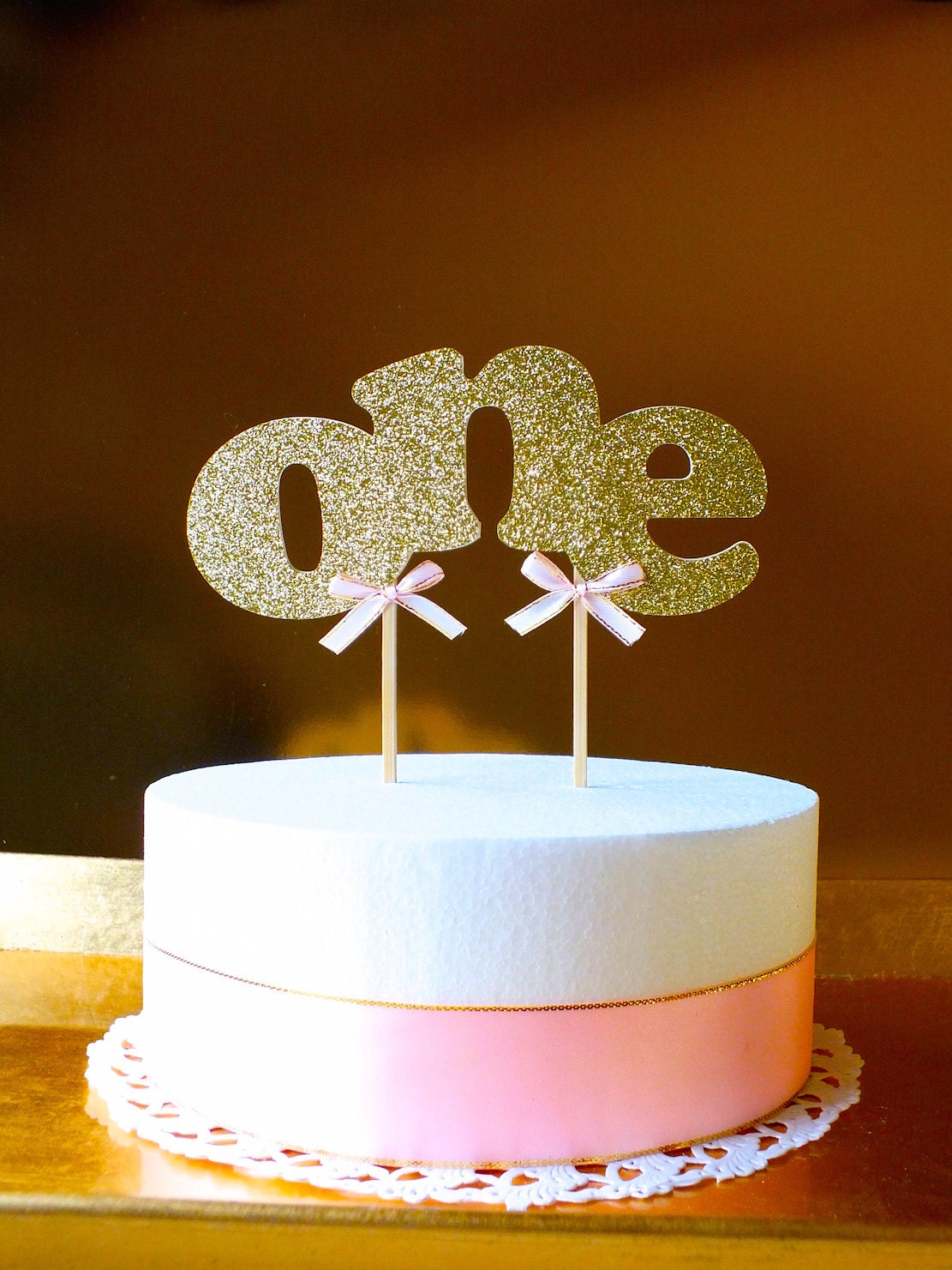 Gold Pink Bow Cake Topper One Cake Topper Gold and Pink - Etsy