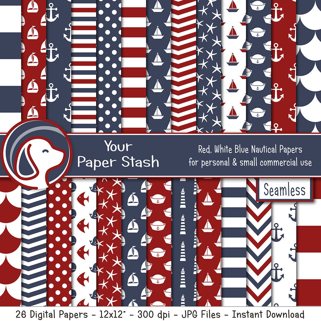 Seamless Nautical Digital Scrapbook Paper, Sailboat Anchor Fish Chevron ...