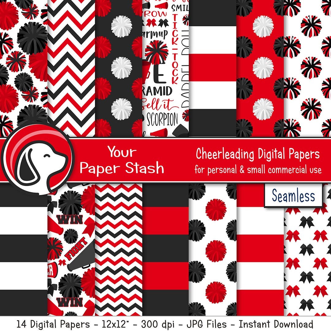 Red Black Cheer Team Seamless Digital Papers, Cheerleader Scrapbooking ...