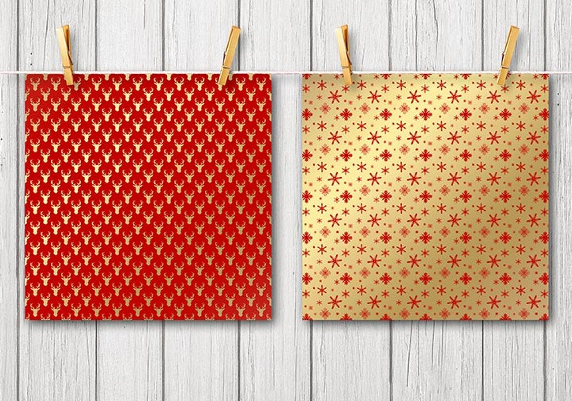 Red & Gold Christmas Digital Scrapbook Paper With Traditional | Etsy