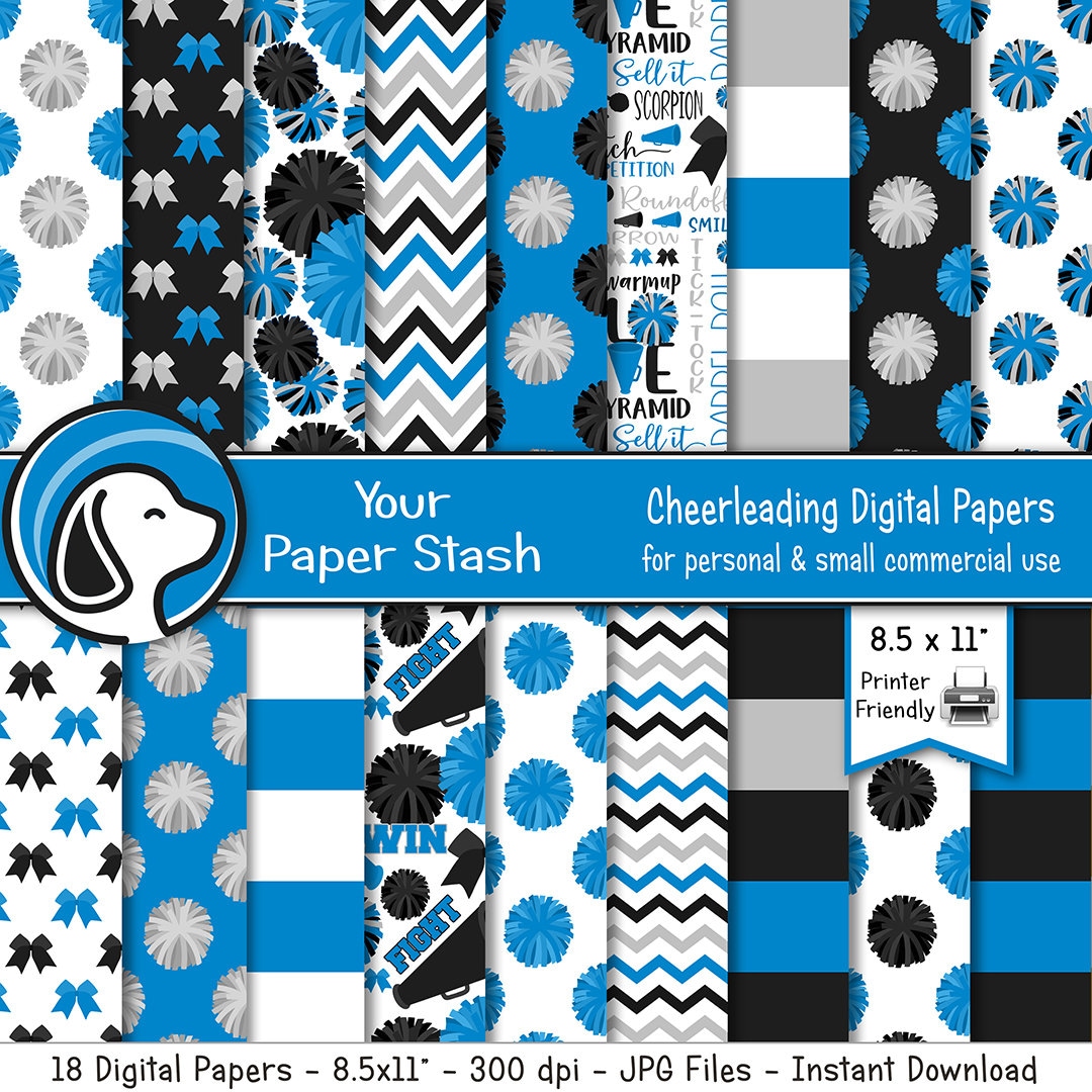 Printable Blue Gray Cheerleader Digital Papers, Cheerleading Pom Pom ...