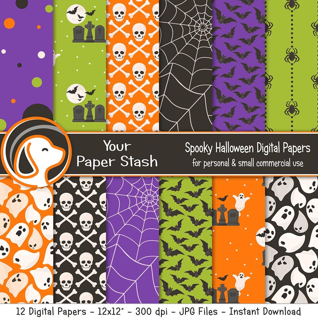 Spooky Halloween Digital Paper W/ Ghost Spider Web Skull Crossbones ...