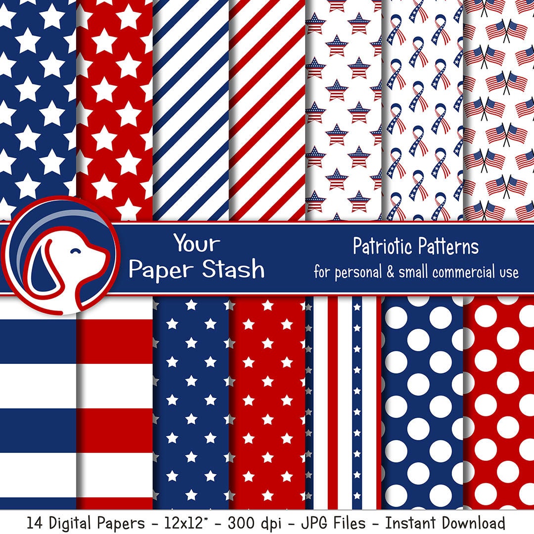 Patriotic Digital Scrapbook Papers With Red White & Blue Stars and ...