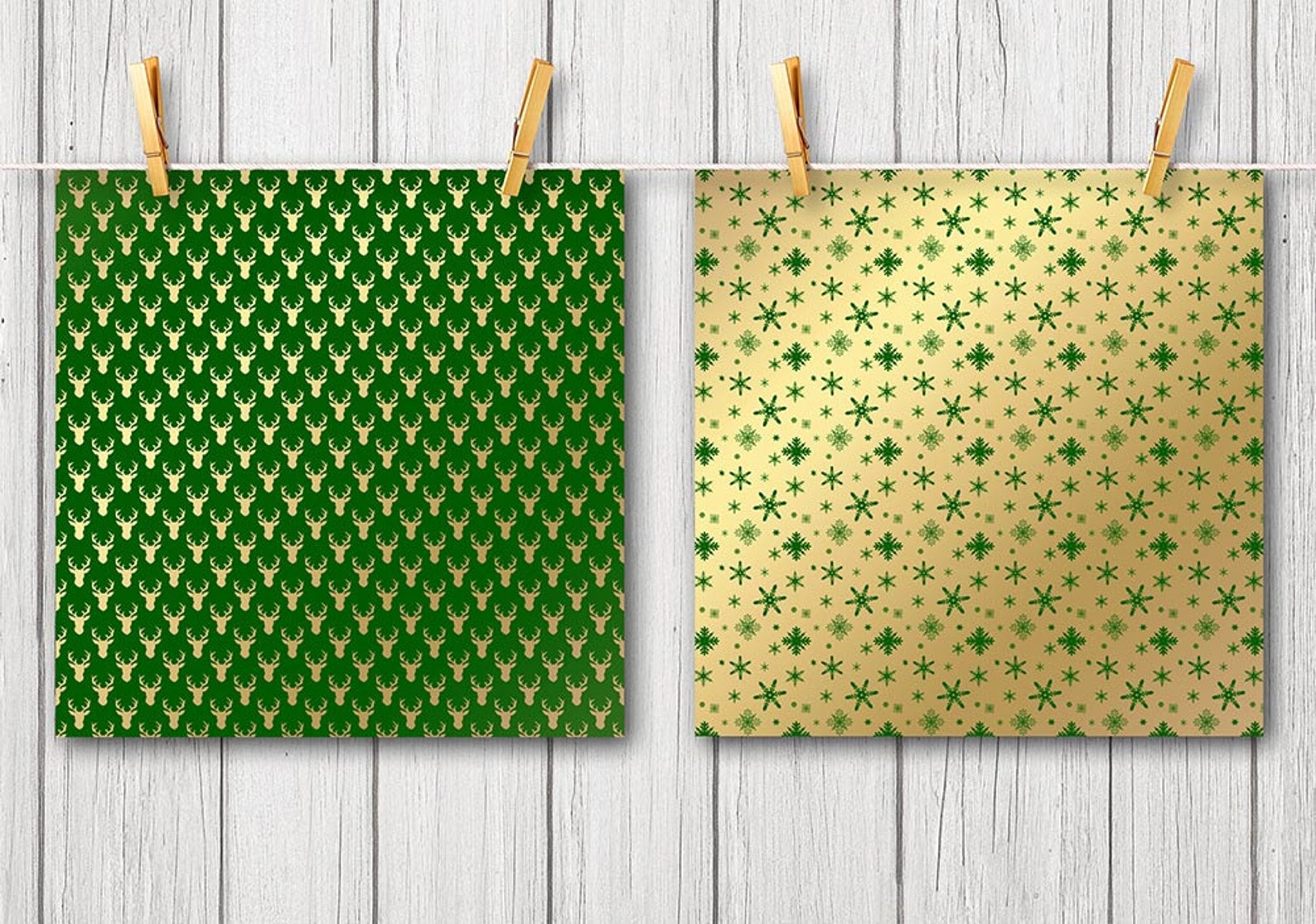 Green & Gold Christmas Digital Paper Patterns W/ Snowflakes | Etsy