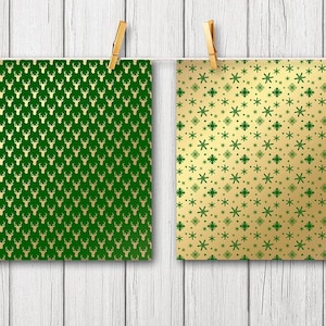 Green & Gold Christmas Digital Paper Patterns W/ Snowflakes Reindeer ...