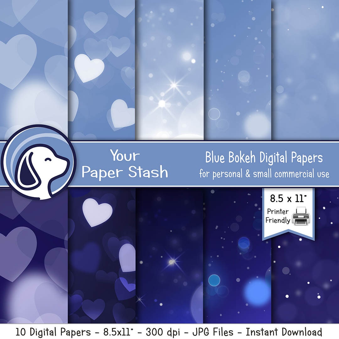 Blue Bokeh W/ Hearts Digital Paper Pack Blue Scrapbooking - Etsy