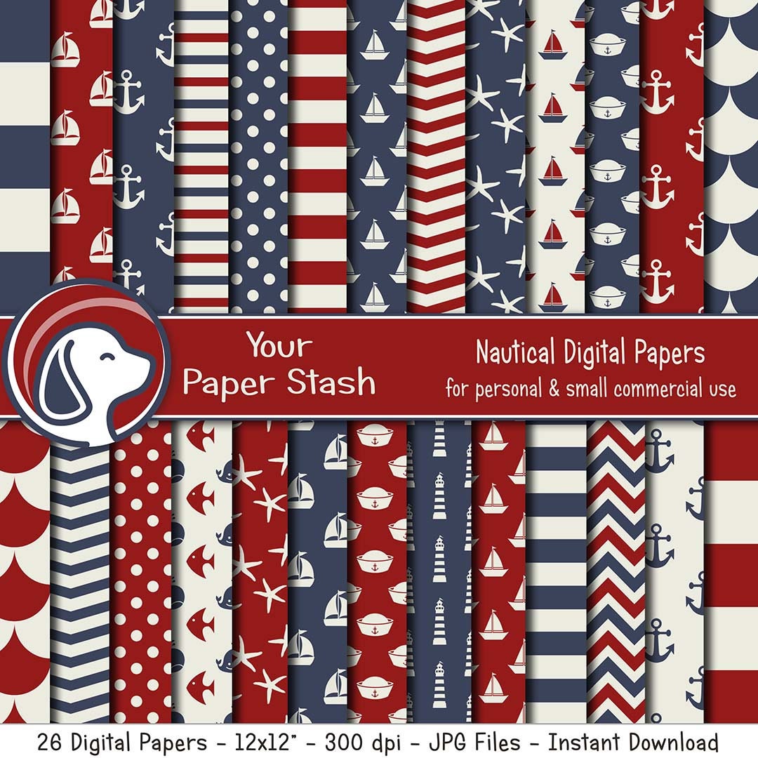 Nautical Digital Paper Pack, Navy Red Sailboat Anchor Scrapbook Paper ...