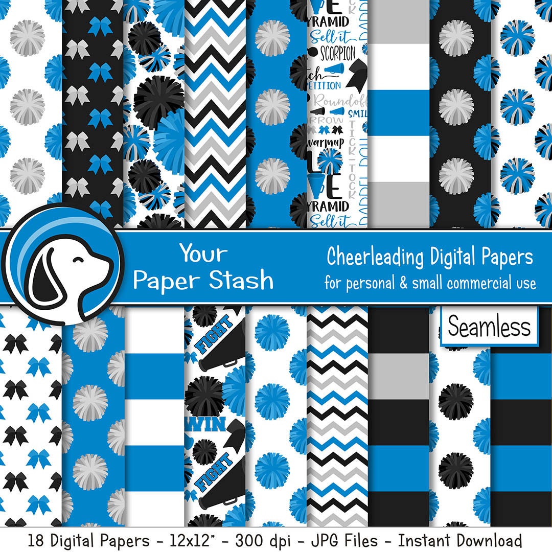Cheer Team Cheerleader Digital Paper Pack, Blue Gray Black Cheerleading ...