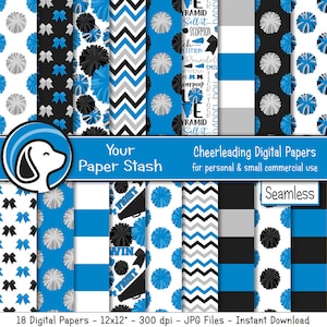 Cheer Team Cheerleader Digital Paper Pack, Blue Gray Black Cheerleading ...
