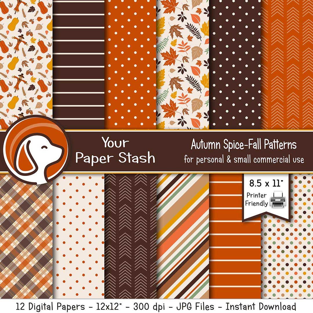 8.5x11" Autumn Fall Digital Paper Pack, Pumpkin Spice Fall Leaves ...