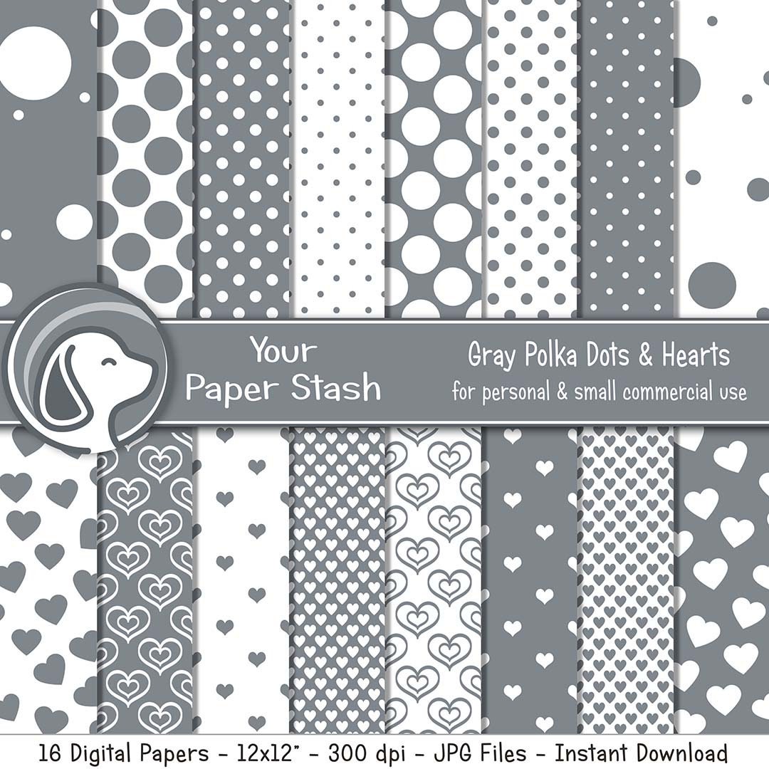 Gray Polka Dot Digital Paper Pack, Heart Pattern Scrapbook Paper ...