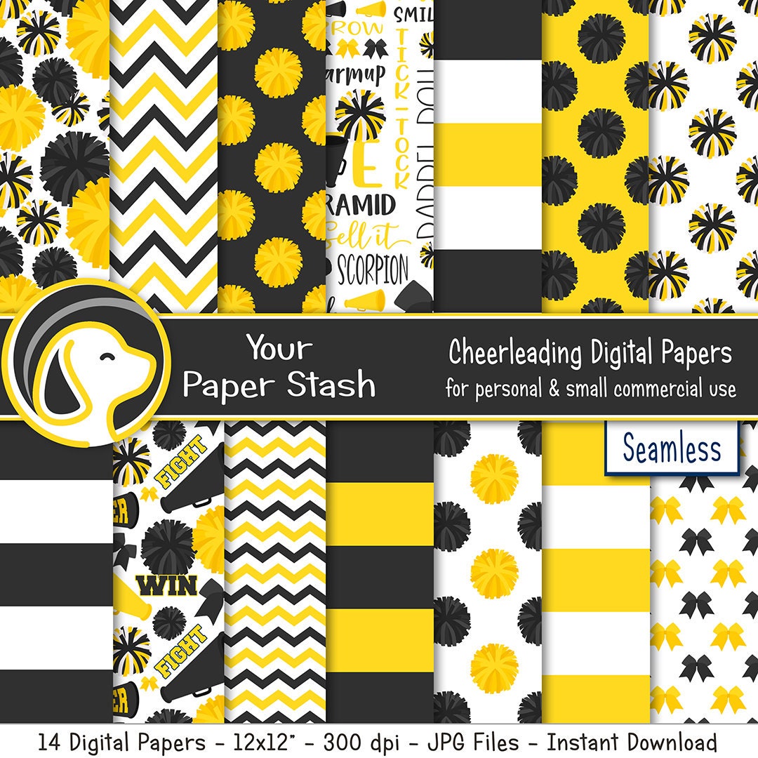 Seamless Cheerleader Digital Scrapbook Papers, Black Yellow Pompom ...