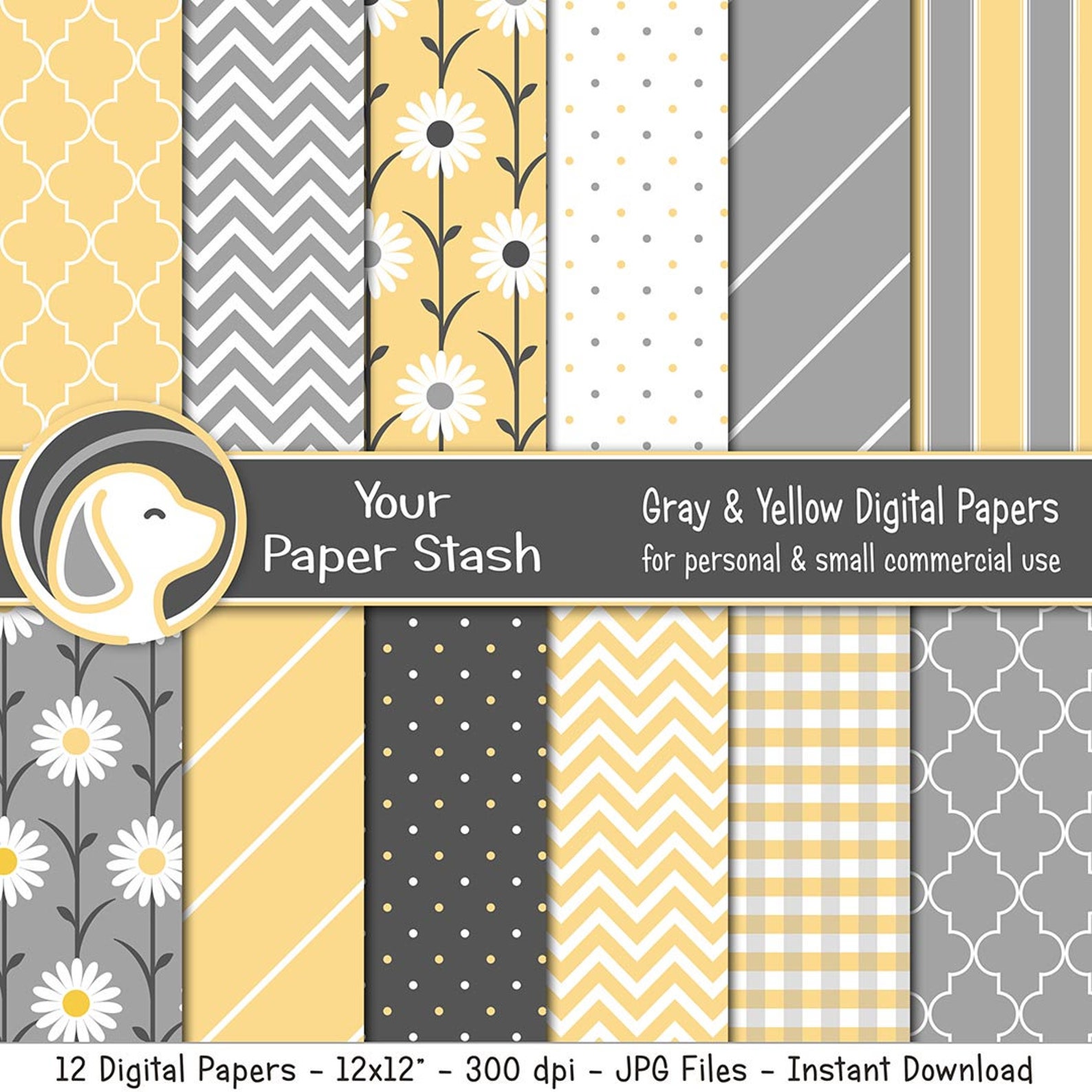 Gray & Yellow Digital Scrapbook Paper Daisy Backgrounds - Etsy