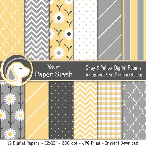 Gray & Yellow Digital Scrapbook Paper Daisy Backgrounds - Etsy