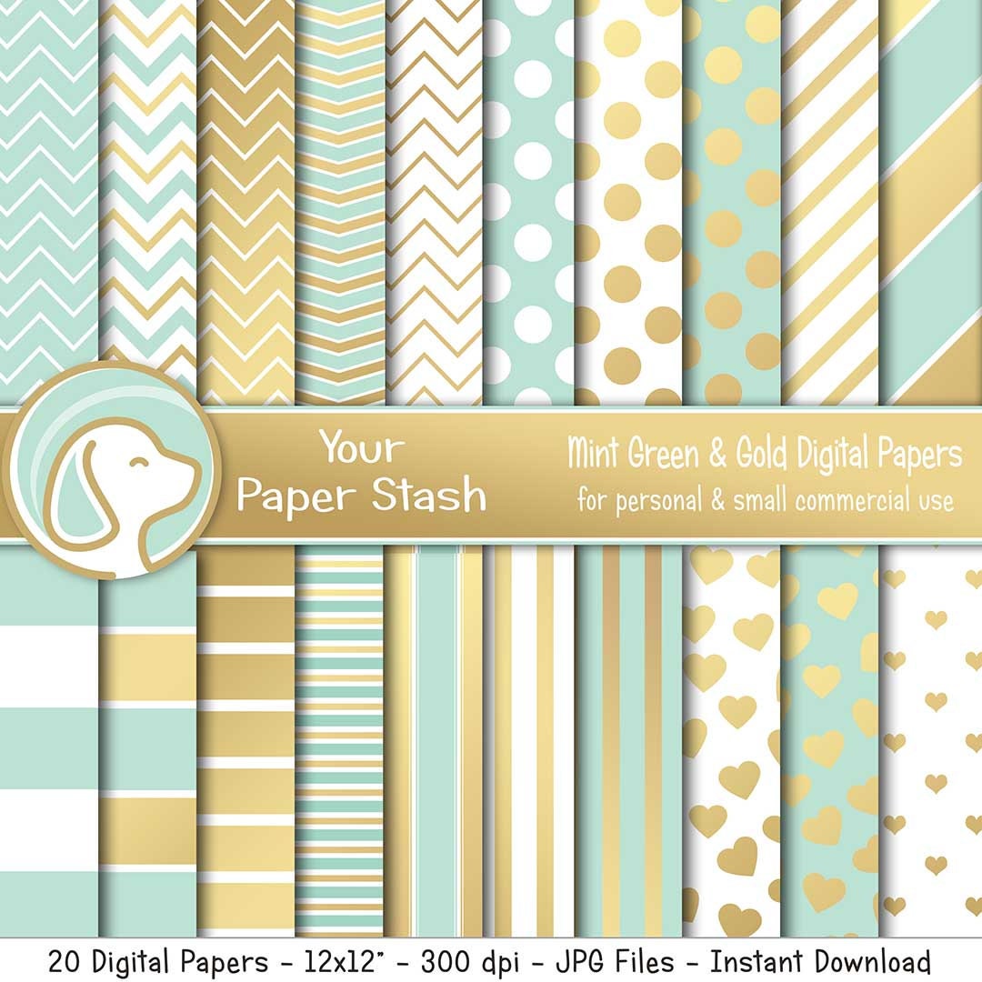 Mint Green & Gold Digital Paper With Chevrons Stripes Polka Dots and ...