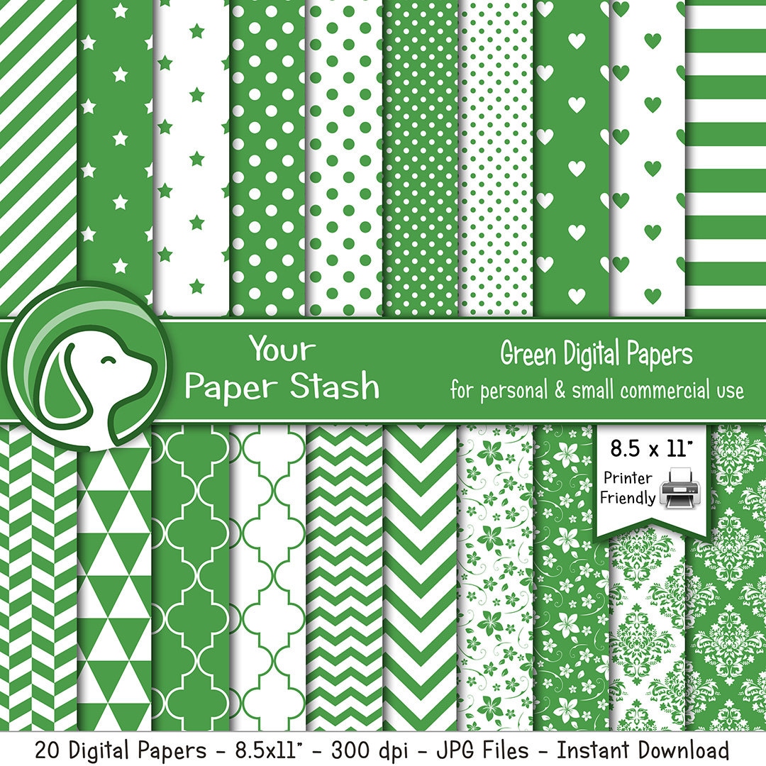 Green Digital Paper Pack With Polka Dots & Stripe Backgrounds ...