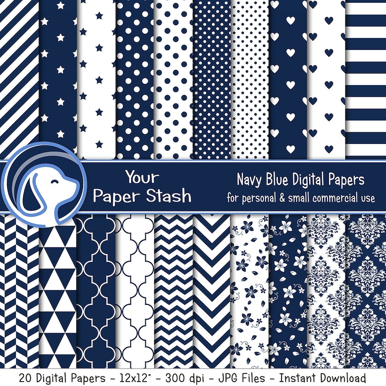 Navy Blue Digital Papers With Stripes Damask Star & Floral - Etsy