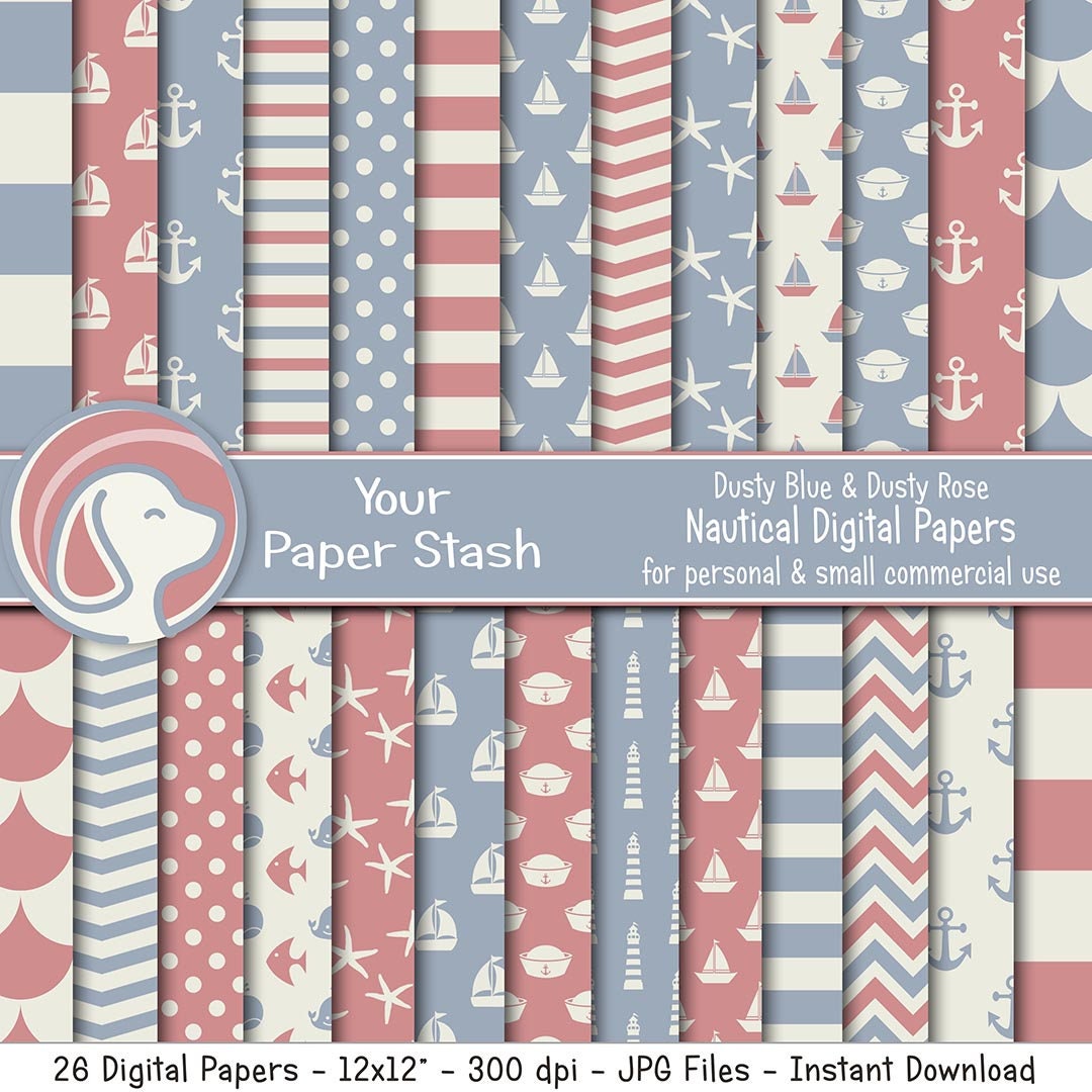 Nautical Digital Paper, Blue & Pink, Baby Boy, Baby Girl, Digital Paper ...