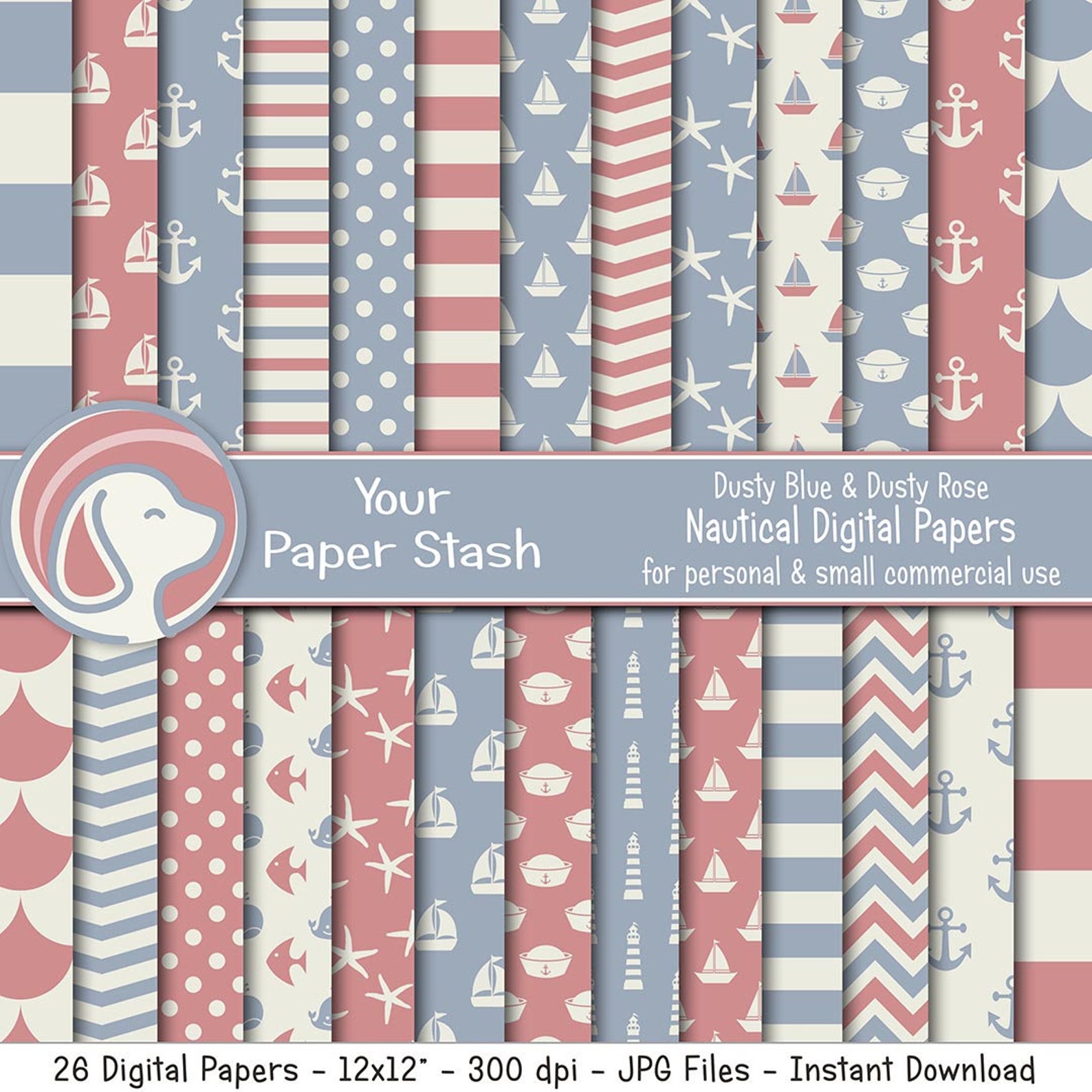 Nautical Digital Paper, Blue & Pink, Baby Boy, Baby Girl, Digital Paper ...