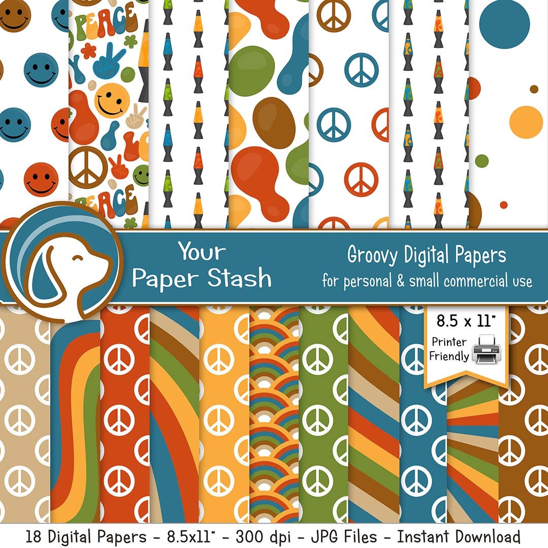 Printable Retro Groovy Digital Scrapbook Paper, Peace Hippie Smiley ...