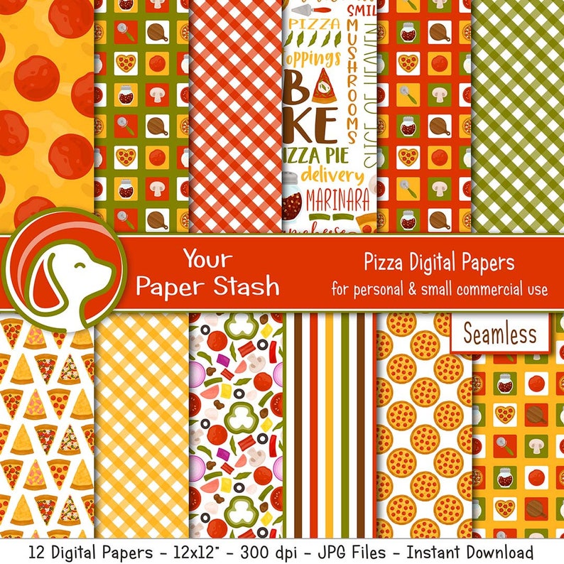 Pizza Party Digital Scrapbook Paper Backgrounds, Seamless Pizzeria ...