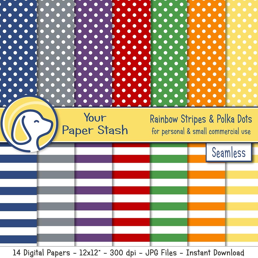 Rainbow Digital Paper Pack Primary Colors Polka Dot Stripe Back to ...