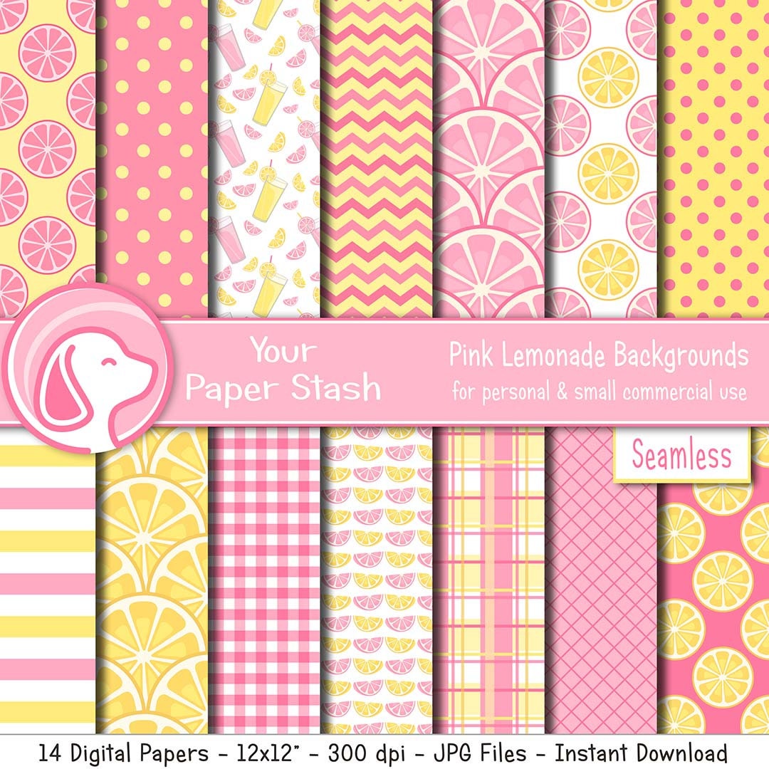 Pink Lemonade Digital Scrapbook Papers With Lemons Polka Dots & Striped ...