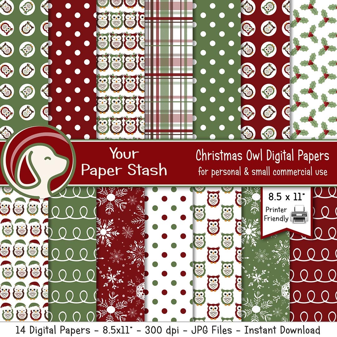 Christmas Owl Digital Paper Pack, Green Red Holiday Scrapbook ...