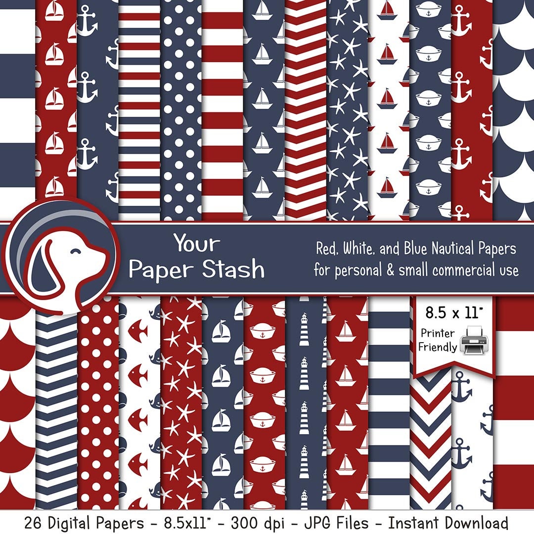 Nautical Scrapbook Paper Pack 8.5x11, Red White Blue Sailboat Starfish ...