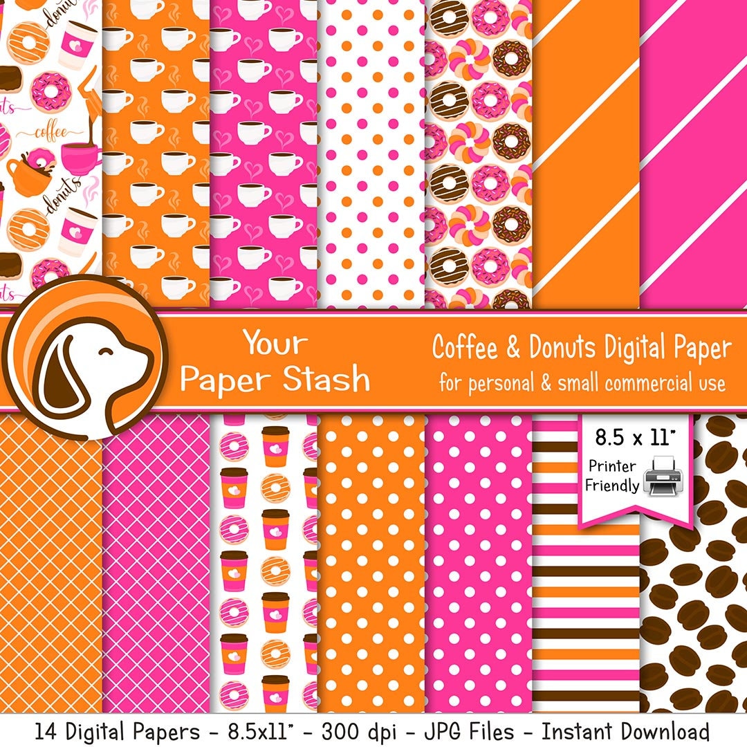 Printable Coffee Donut Digital Paper Pack, Pink Orange Coffee Donut ...
