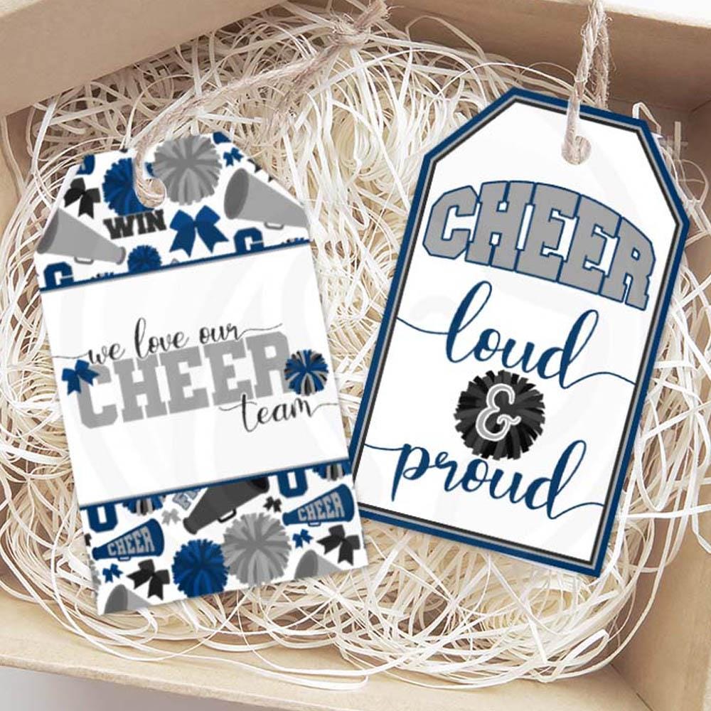 Printable Cheer Gift Tags, Cheerleader Team Favor Tags, Blue Gray ...
