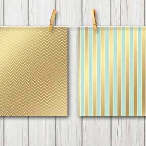 Mint Green & Gold Digital Paper With Chevrons Stripes Polka Dots and ...