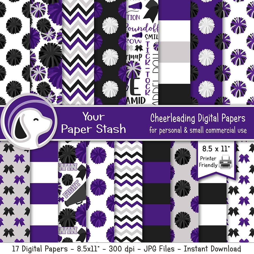 Printable Cheer Team Digital Papers, Purpple Black Gray Silver Pom Pom ...