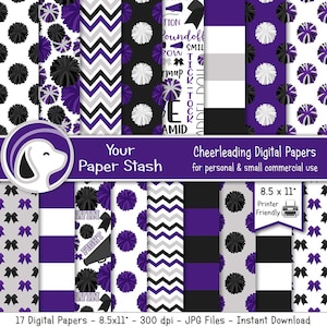 Printable Cheer Team Digital Papers, Purpple Black Gray Silver Pom Pom ...