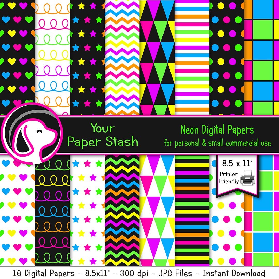 Neon Printable Digital Paper Pack, Neon Lime Fucshia Yellow Stripe ...