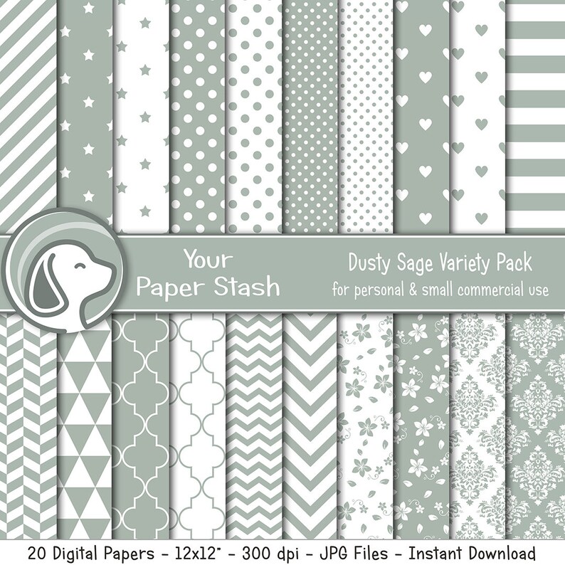 Sage Green Digital Scrapbook Paper 12x12, Polka Dot Floral Stripe ...