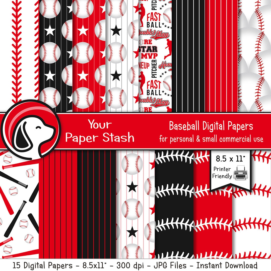 Printable Baseball Digital Paper Pack, Red Black Travel Team Baseball ...