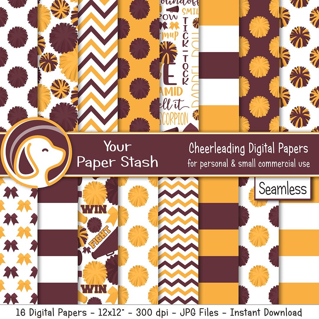 Cheer Team Cheerleader Digital Paper Pack, Maroon Burgundy Gold ...