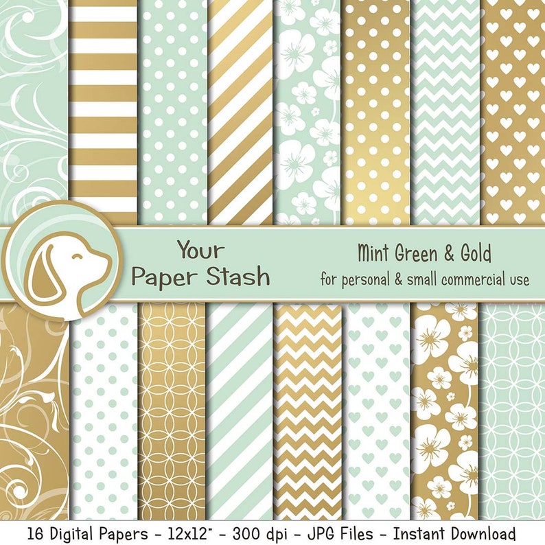 Mint Green & Gold Digital Paper Pack for Spring Weddings Anniversary ...