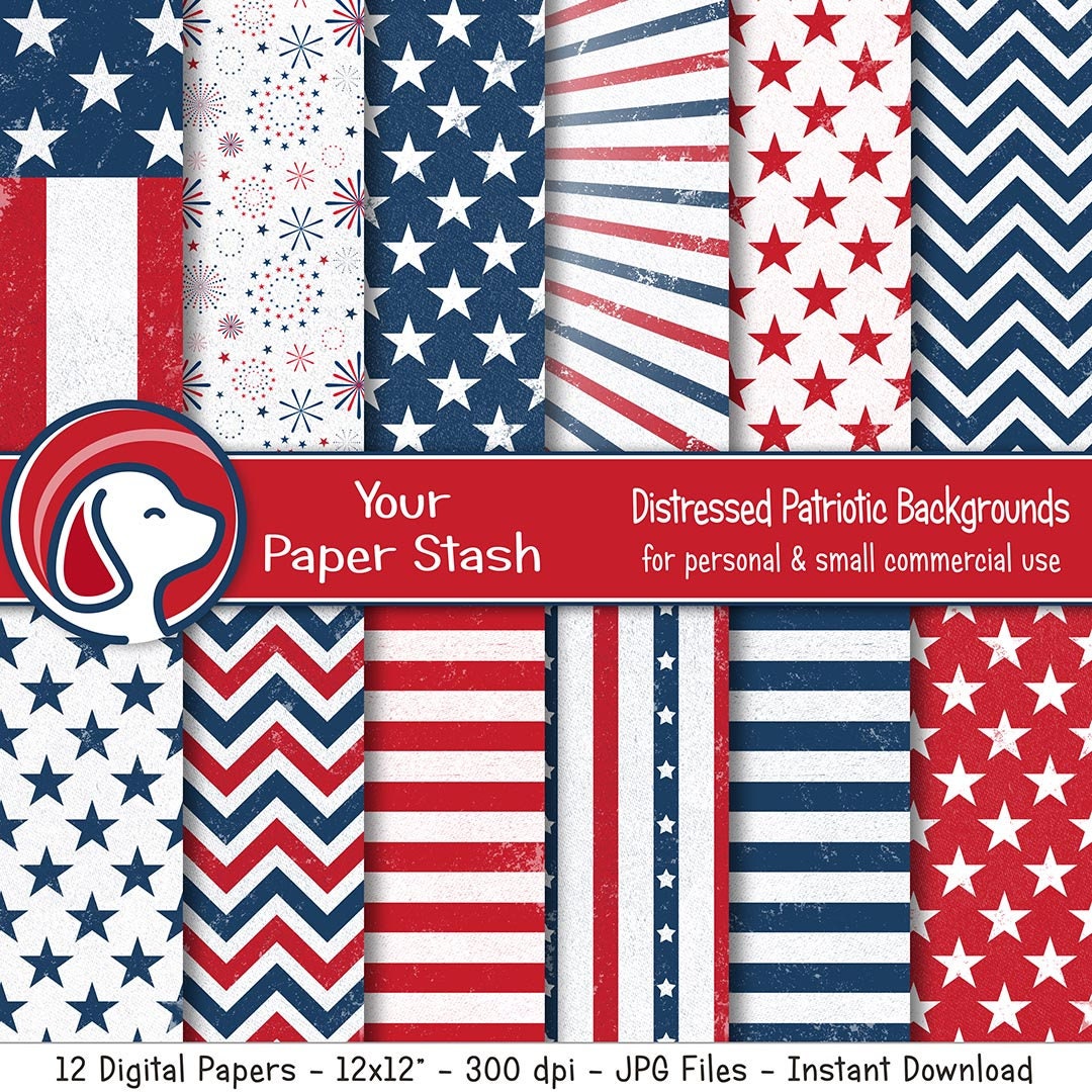 Patriotic 4th of July Digital Papers, Red White Blue Backgrounds ...