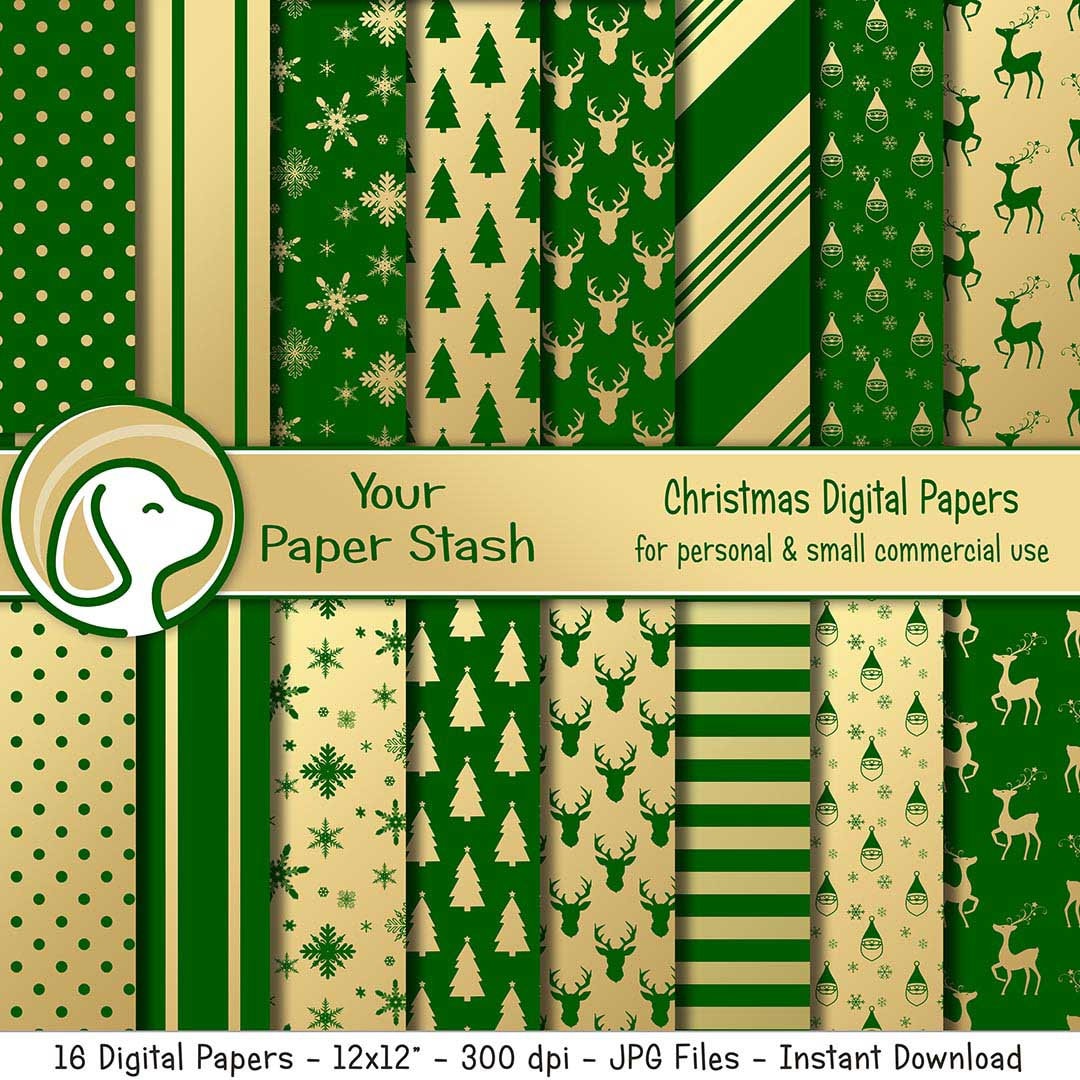 Green & Gold Christmas Digital Paper Patterns W/ Snowflakes Reindeer ...