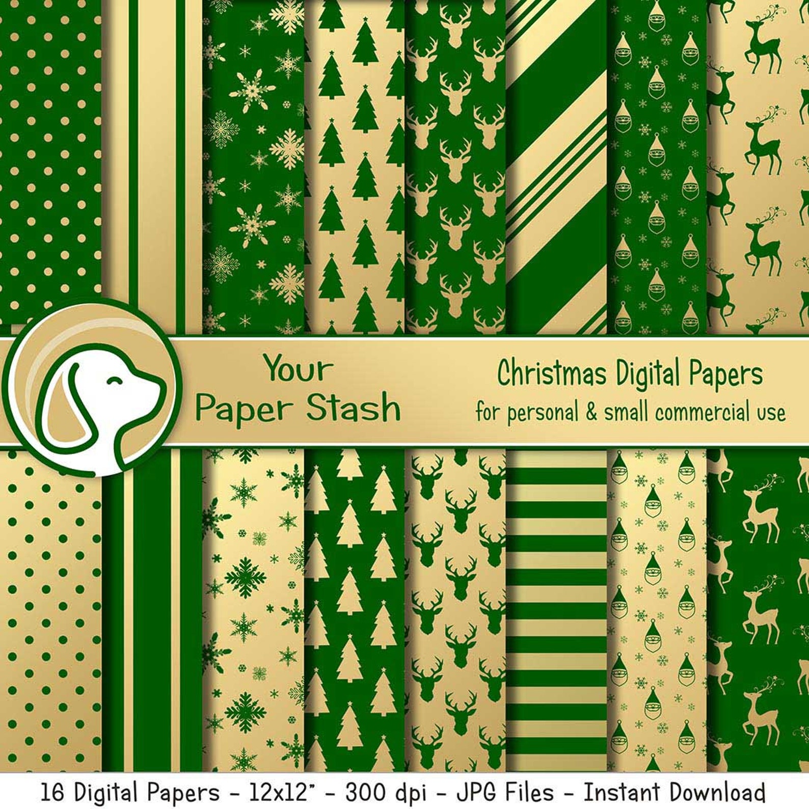 Green & Gold Christmas Digital Paper Patterns W/ Snowflakes | Etsy