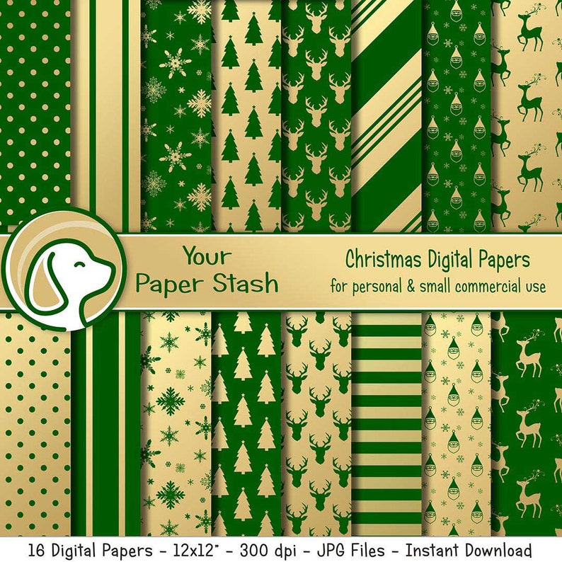 Green & Gold Christmas Digital Paper Patterns W/ Snowflakes | Etsy